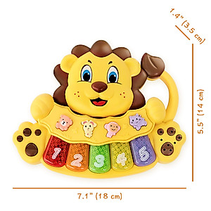 Adorable Lion Baby Piano Toy - 5 Different Numbered and Colored Light Up Key - Touch and Teach Baby Musical Toy w/ 3 Play Modes - Interactive Toy for Babies 12 Months & Up
