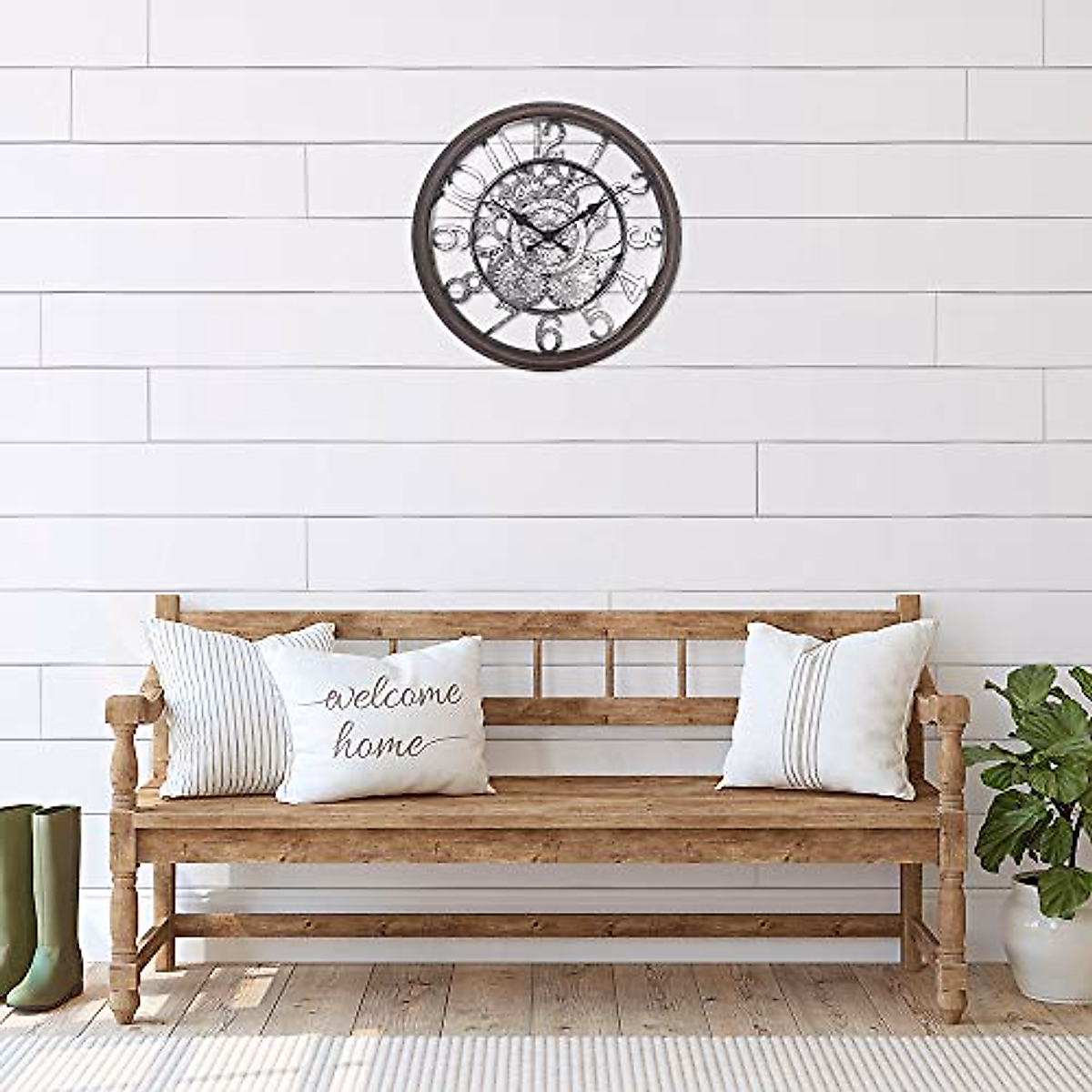 PresenTime & Co 12" Farmhouse Gear Clock, Silent no Ticking, Indoor/Outdoor Clock, Weatherproof, Grey Oak and Galvanized Finish. Wall Décor/Outdoor Décor for Living Room, Kitchen, Garden, and Patio.