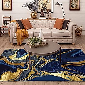 Area Runner Rug Non-Slip Throw Rugs Luxury Wallpaper Blue Marble and Gold Abstract Background Texture Carpet Playmat Yoga Indoor Floor Carpet Patio Door Mat for Living Room Home Decor