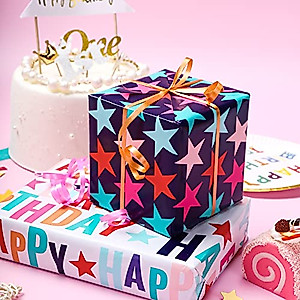 LeZakaa Reversible Birthday Wrapping Paper Roll - Happy Birthday Lettering & Star - 17 inches x 32.8 Feet (46.45 sq.ft.)