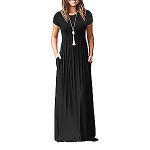GRECERELLE Women's Short Sleeve Loose Plain Maxi Dresses Casual Long Dresses with Pockets Black Medium