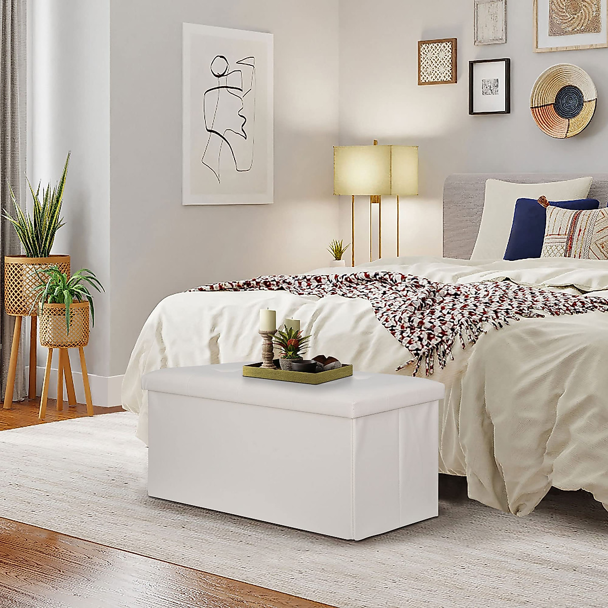 SUPER DEAL 30 Inches Folding Storage Ottoman Bench, Storage Chest, Padded Seat Bench Footrest for Living Room Entryway Small Spaces, Faux Leather,15 x 30 x 15 Inches