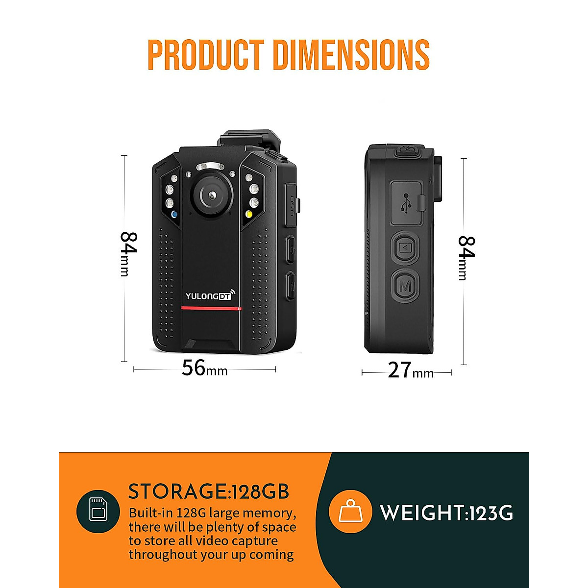 YULONGDT 1440P Body Camera, 128GB Body Cameras with Audio and Video Recording, Wearable Body Camera for Police, Personal, Infrared Night Vision, 3300mAh Battery for Civilian, Law Enforcement