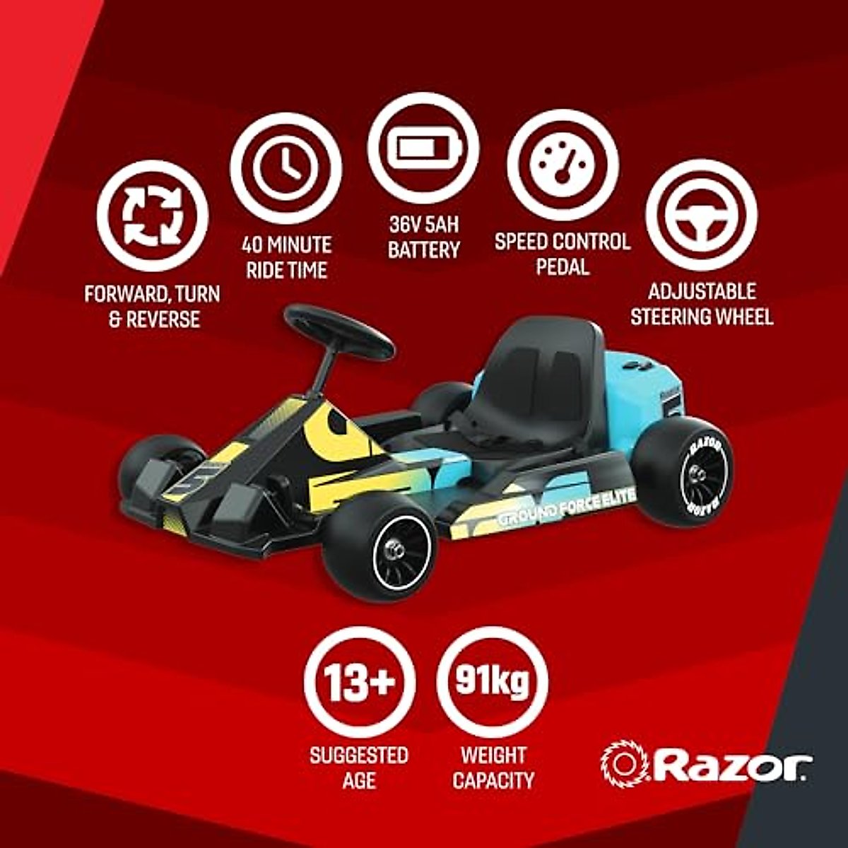 Razor Ground Force Elite-Electric Go-Kart for Ages 13+, Up to 14 MPH, Up to 40 Minutes of Continuous Use, 350-watt Chain-Driven Motor, Forward/Reverse Drive Switch, 36V Rechargeable Battery,Black, Large