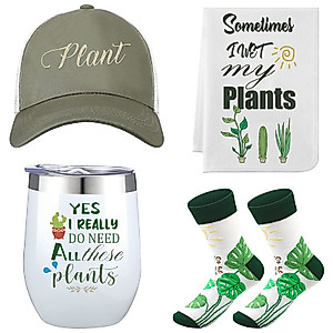 Jiuguva 4 Pcs Christmas Plant Gift Set Plant Gifts Gardening Gifts Plant Hat Funny Kitchen Towels 12 oz Wine Tumbler Cup Women's Ankle Socks Plant Gifts for Women Gardener Christmas Gift(Leaf)