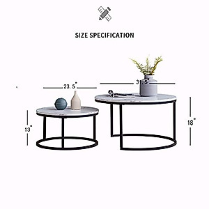 Modern Nesting Coffee Table Set of 2 for Living Room, Office, Balcony, Mid Century Round Wood Accent Coffee MDF Faux Marble Tabletop w/Black Color Frame, Gift for Thanksgiving Christmas -White