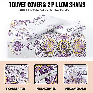 DUOMING Cotton Duvet Cover King - 100% Cotton Soft 3 Pieces Damask Duvet Cover, White and Purple Floral King Duvet Cover Set, Medallion Duvet Cover King with Zipper Closure & 8 Ties