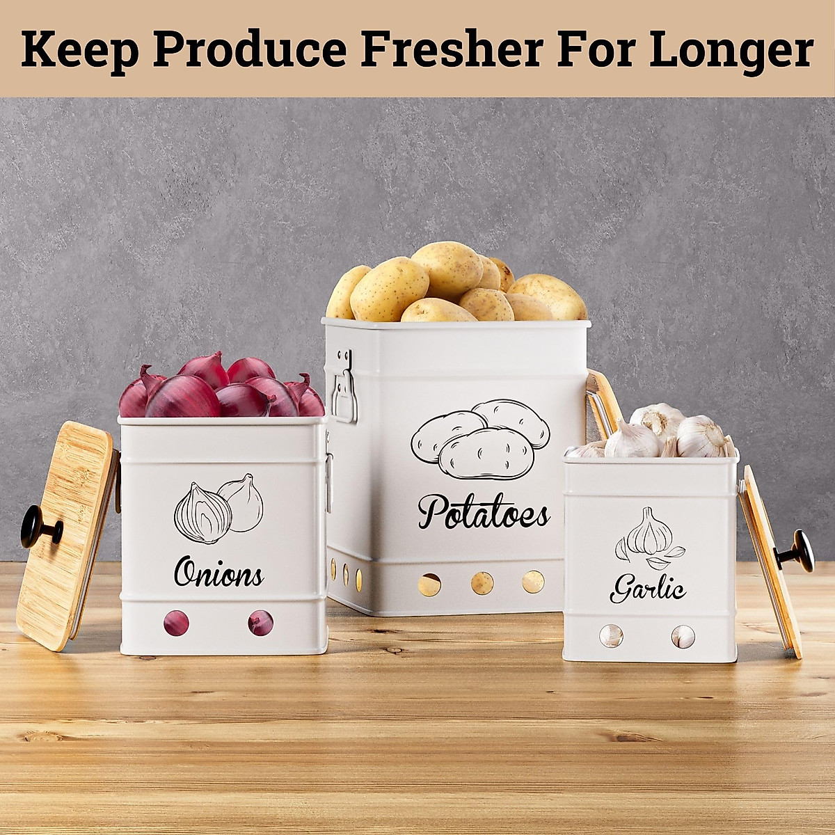 Potato Onion Garlic Storage Set of 3 Ventilated Iron Canisters with Bamboo Lids - Potato and Onion Storage Bin for Pantry - Kitchen Vegetable Storage Containers - Cute Metal Vegetable Bin Set of 3