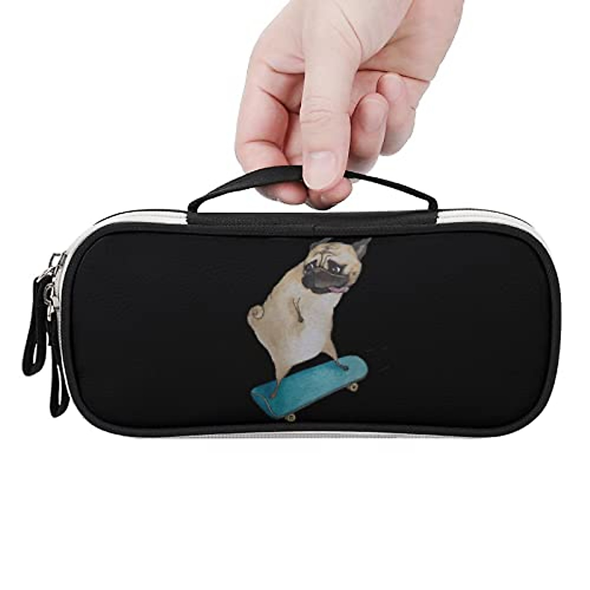 Skateboard Pug Dog PU Leather Pencil Pen Case Organizer Travel Makeup Handbag Portable Stationery Bag