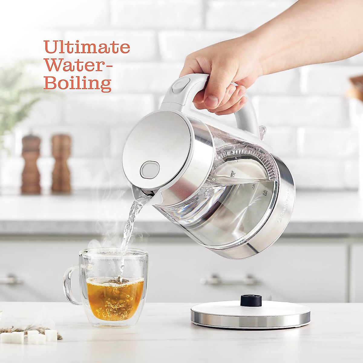 Speed-Boil Water Electric Kettle, 1.7L 1500W, Coffee & Tea Kettle Borosilicate Glass, Water Boiler, Auto Shut-Off, Cool Touch Handle, Base Detachable, LED. 360° Rotation, Boil Dry Protection (White)