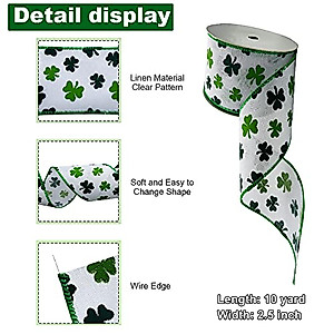 Hying St. Patrick's Day Ribbons for Gifts Wrapping, White Burlap Wired Edge Ribbons Irish Shamrock Craft Ribbon Ornaments for Wreath Bows Saint Patrick's Day Decoration Supplies, 2.5"×10 Yards