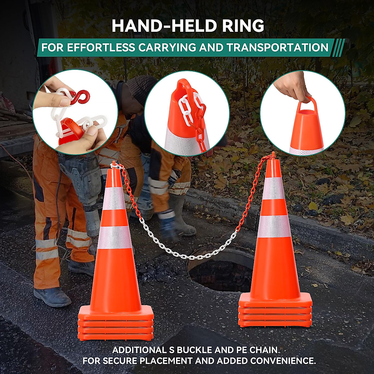 YITAHOME Traffic Cones 28 Inch (6 Pack), with 16.4FT Chain and Reflective Collars, PVC Orange Construction Cones, Safety Cones for Parking Lot, Home Road