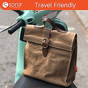 S SONA HOME GOODS Waxed canvas lunch bag, ecofriendly, reusable, brown, for women or men. The perfect large heavy duty lunch box for meal prep, work, or travel.