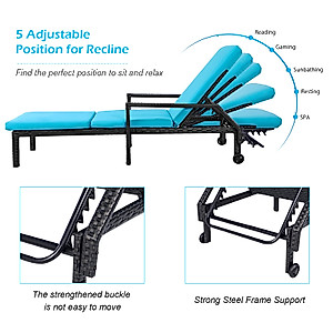 AECOJOY Chaise Lounge Chairs for Outside Outdoor Lounge Chairs Set of 2, Adjustable PE Rattan Wicker Patio Pool Lounge Chair with Cushion and Wheels for Poolside Backyard Deck Porch Garden, Blue