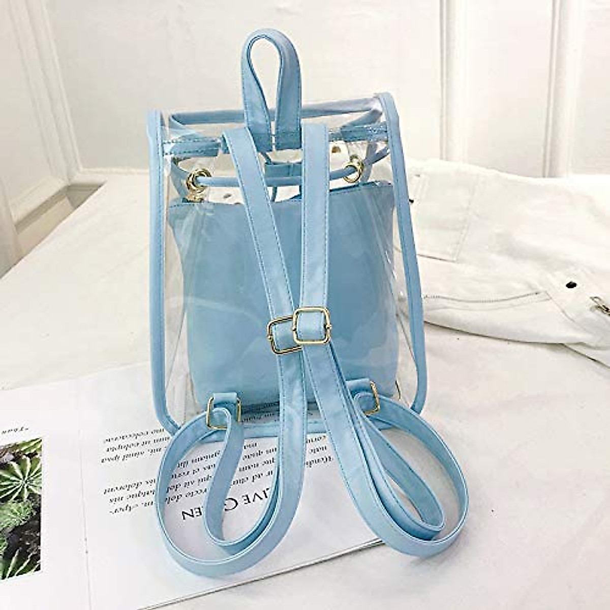 Mini Clear Backpack with Removable Pouch Transparent PVC Shoulder Bag Handbag, Blue, Small