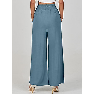 ANRABESS Women's Linen Pants Summer Casual Palazzo Beach Pant Drawstring High Waist Wide Leg Trousers Vacation Outfits Small Lake Blue
