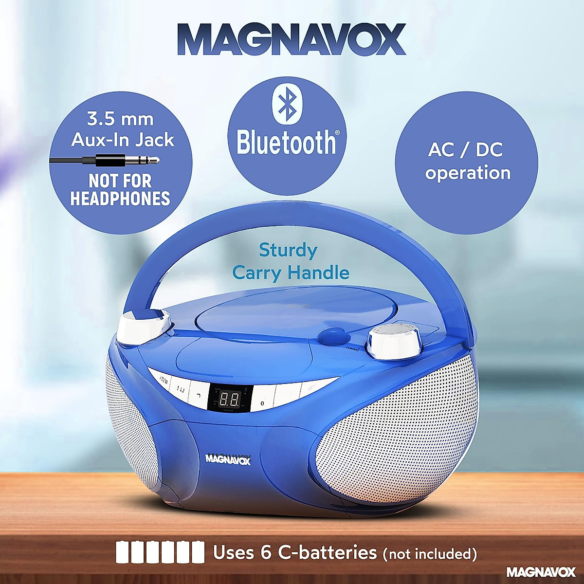 Magnavox MD6949 Portable Top Loading CD Boombox with AM/FM Stereo Radio and Bluetooth Wireless Technology in Black | CD-R/CD-RW Compatible | LED Display | (Blue)