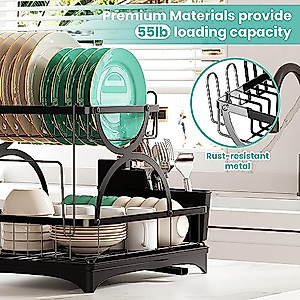 Elerator Dish Drying Racks for Kitchen Counter, Large 2 Tier Dish Rack with Drainboard, Rust-Proof Metal Dish Drainers with Detachable Cup Holder, Cutlery Holder, Cutting Board Holder.