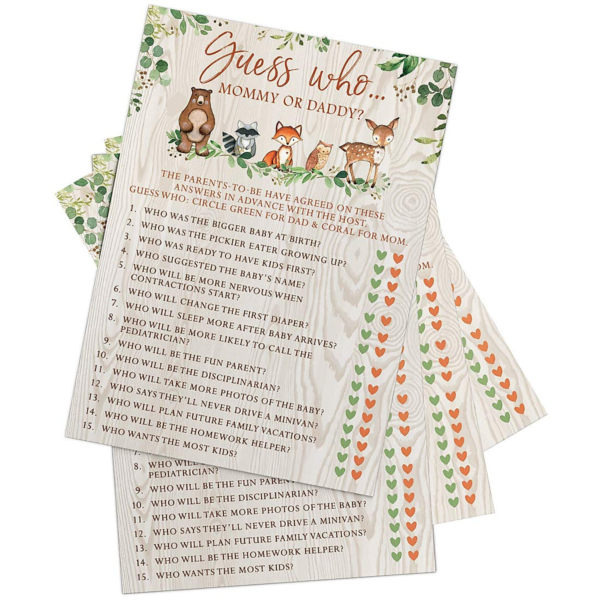 Printed Party Baby Shower Games – Guess Who Mommy or Daddy Game for Boy or Girl, Woodland Forest Animals Theme, 50 Cards