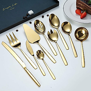 Berglander Gold Serving Utensils 10 Pieces, Titanium Golden Plating Serving Spoons, Included Cake Knife Cake Server Serving Forks Sugar Spoon Salad Spoon Forks Butter Knife Gravy Ladle ect.
