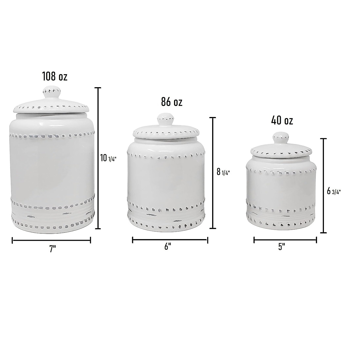 Kovot 3 Piece Ceramic Canister Set With Air-Sealed Lids & Bonus Decal Labeling Stickers - Ivory White With Antique-Style Finish 3 Sizes (108oz, 86oz, & 40oz)