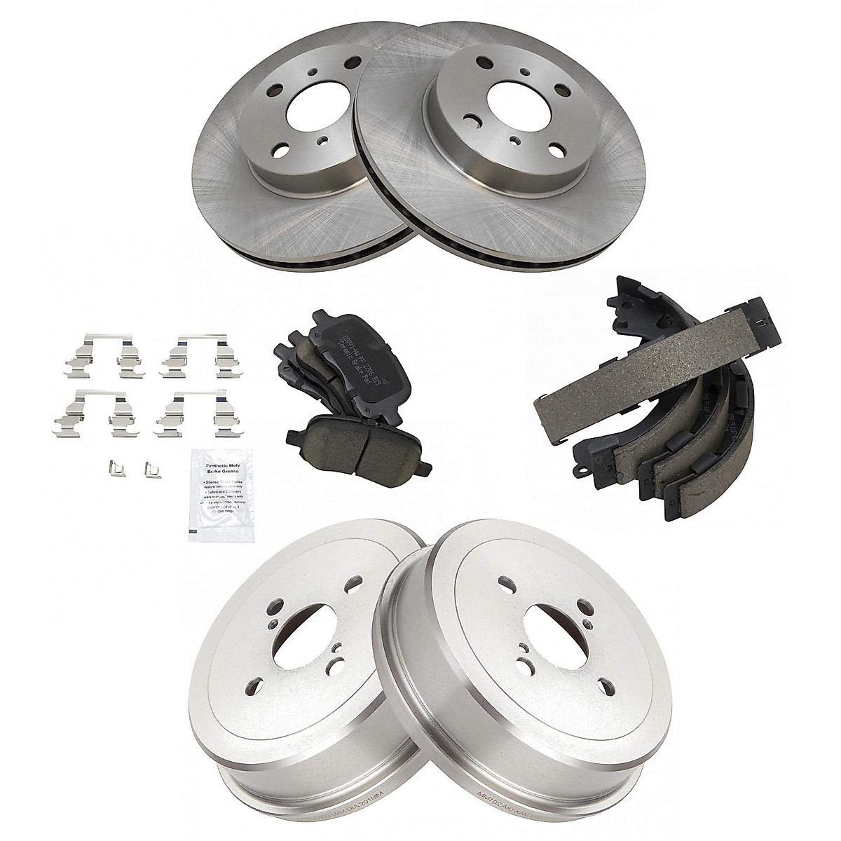 TRQ Front & Rear Posi Ceramic Disc Brake Pads Rotors Shoes & Drum Kit Set Compatible with Toyota