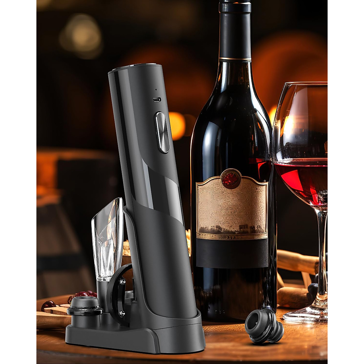 CIRCLE JOY Rechargeable Wine Opener Electric Wine Bottle Opener 7-in-1 Wine Gift Set with Electric Vacuum Pump, Charging Station, Foil Cutter, Wine Aerator Pourer and 2 Wine Stoppers