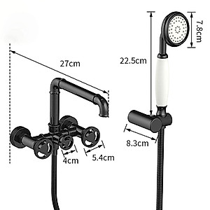 LUNEZY Black Tub Faucet Wall Mounted, Bathroom Tub Filler with Hand Held Shower Sprayer, Double Handle Bathtub Faucet Set, Industrial Style Bath Shower Mixer Tap