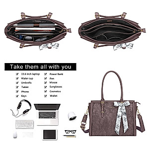 MOSISO Laptop Bag for Women, 15.6-16 inch PU Leather Tote Bag Compatible with MacBook, HP, Dell, Asus Notebook, Front Embossed Retro Hibiscus Computer Bag with Silk Scarf&Clutch Purse, Slate Purple