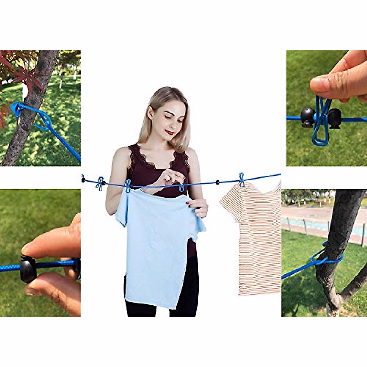 Newraturner 2 Pack Portable Clothesline with 12 Clothespins, Windproof Travel Clothesline Stretchy Retractable Elastic Laundry Clothes Line for Backyard, Vacation Hotel, Balcony Clothes Drying Line