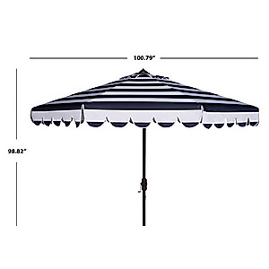 Safavieh PAT8011C Outdoor Collection Maui Navy and White Single Scallop Striped 9Ft Crank Push Button Tilt Umbrella