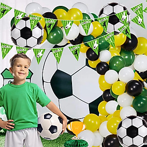 Homarkable Soccer Party Decorations, 91 Pcs Soccer Birthday Decorations Party Supplies with 24 Pcs Soccer Cake Toppers, Soccer Balloons, Tablecloth (84” x 55’) Happy Birthday Banner and Centerpiece