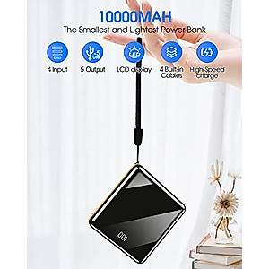 KLL Power Bank with Built in Cables, 10000mAh Slim Portable Charger LED Display, Small External Battery Pack with 4 Inputs and 5 Outputs Phone Charger for iPhone Samsung Huawei iPad etc