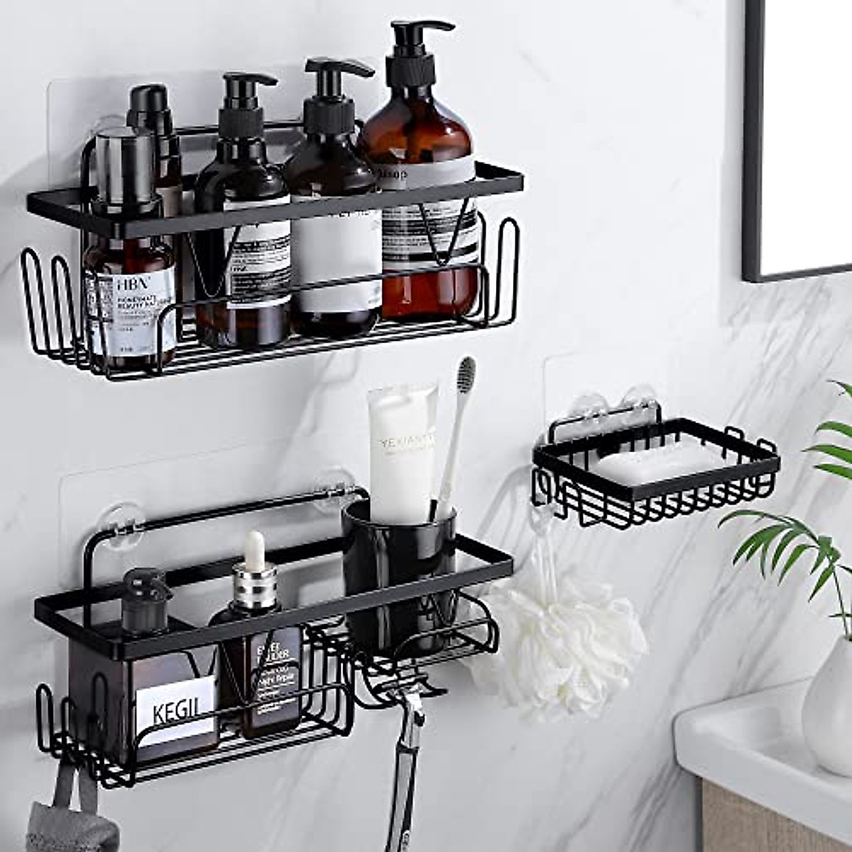 KEGII 3 Pack Adhesive Shower Caddy Shelf Organizer with Soap Holder, Black Shower Wall Rack Storage Shampoo Holder Bathroom Organizer No Drilling for Kitchen, RV, Apartment Essentials