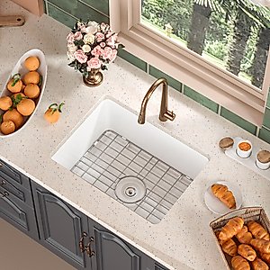 Single Bowl Drop in Kitchen Sink DeerValley DV-1K515 Glen 24" L x 18" W Fireclay Undermount Kitchen Sink White Deep Bowl Sink with Sink Grid and Basket Strainer