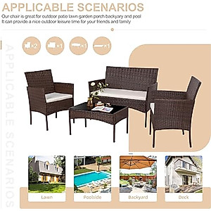 Shintenchi 4 Piece Outdoor Patio Furniture Sets, Small Wicker Patio Conversation Furniture Rattan Chair Set with Tempered Glass Coffee Table for Backyard Porch Garden Poolside Balcony