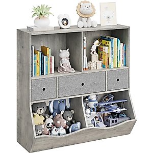 TrailBlaze Kids Toy Storage Organizer with 3 Movable Drawers, 3 Tier Children Bookcase and Bookshelf, Toddler 7 Cubby Toy Storage Cabinet, Toy Shelf for Playroom, Bedroom, Living Room, Nursery (Grey)
