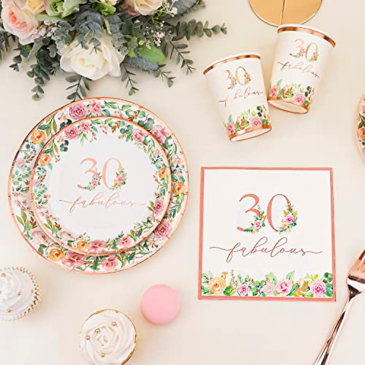 Crisky 30th Birthday Napkins and Plates for Women Rose Gold Floral Party Decoration, 30 and Fabulous Plates and Napkins for Women 30th Birthday.