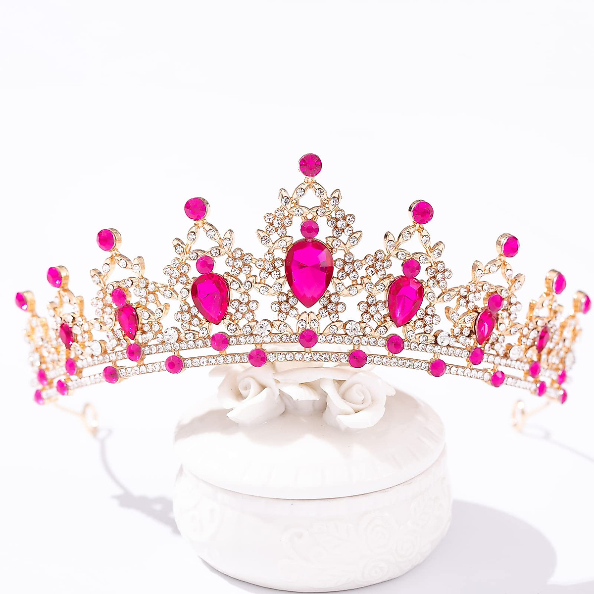 FORSEVEN Crystal Tiaras for Women, Wedding Tiaras and Crowns for Women Tiaras for Girls Birthday Party Princess Crown Hair Accessories Bride Rhinestone Headbands (Gold+Rose Red)