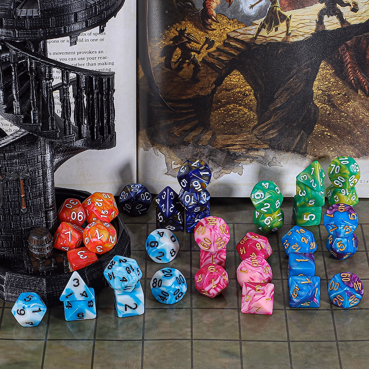 ESANDA DND Dice Set, 42pcs Polyhedral Dice D&D Dice with 6 Blue Drawstring Bags, 6 Complete Double-Colors Dice Sets for Dungeons and Dragons RPG MTG Table Games etc