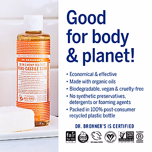 Dr. Bronner's - Pure-Castile Liquid Soap (Tea Tree, 8 ounce) - Made with Organic Oils, 18-in-1 Uses: Acne-Prone Skin, Dandruff, Laundry, Pets and Dishes, Concentrated, Vegan, Non-GMO