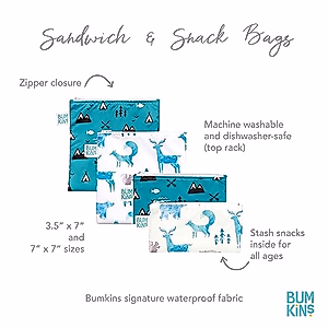 Bumkins Reusable Sandwich and Snack Bags, for Kids Lunch Bags and for Adults, Washable Fabric, Cloth Zip Bag, Dishwasher-Safe, Food-Safe, Safety Tested (4-Pack)