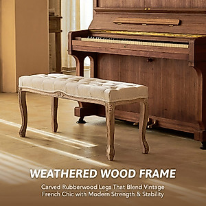 VONLUCE Vintage Dining Bench with Padded Seat & Rubberwood Legs, 44" Memory Foam Upholstered Entryway Bench, Tufted Fabric End of Bed Bench for Bedroom and Living Room, French Style, Beige