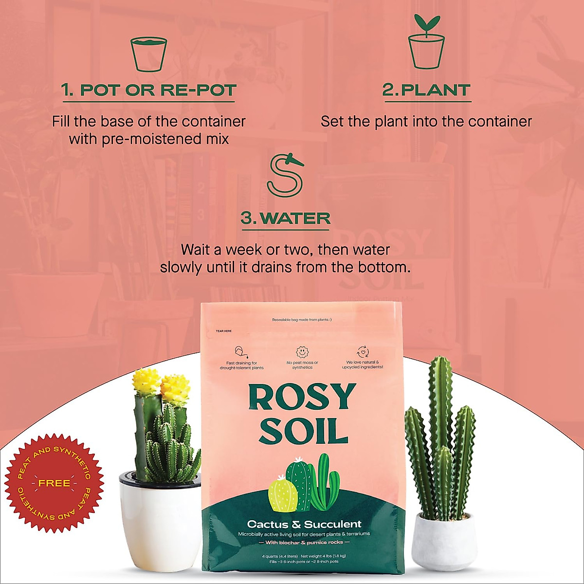 Cactus and Succulent Organic Potting Soil Mix for House Plants - Fast Draining, Root Boosting, Peat-Free Soil for Drought Tolerant Growth of Aloe Vera, Cacti and Indoor Succulents Plants - 4 qt