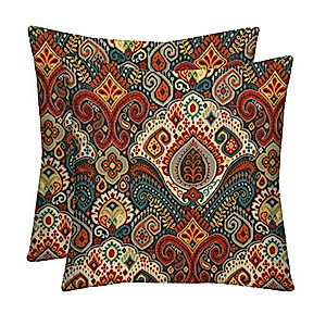Resort Spa Home Decor Set of 2-17" Indoor/Outdoor Square Throw/Toss Pillows Bohemian Retro Paisley~ Teal Red Orange~