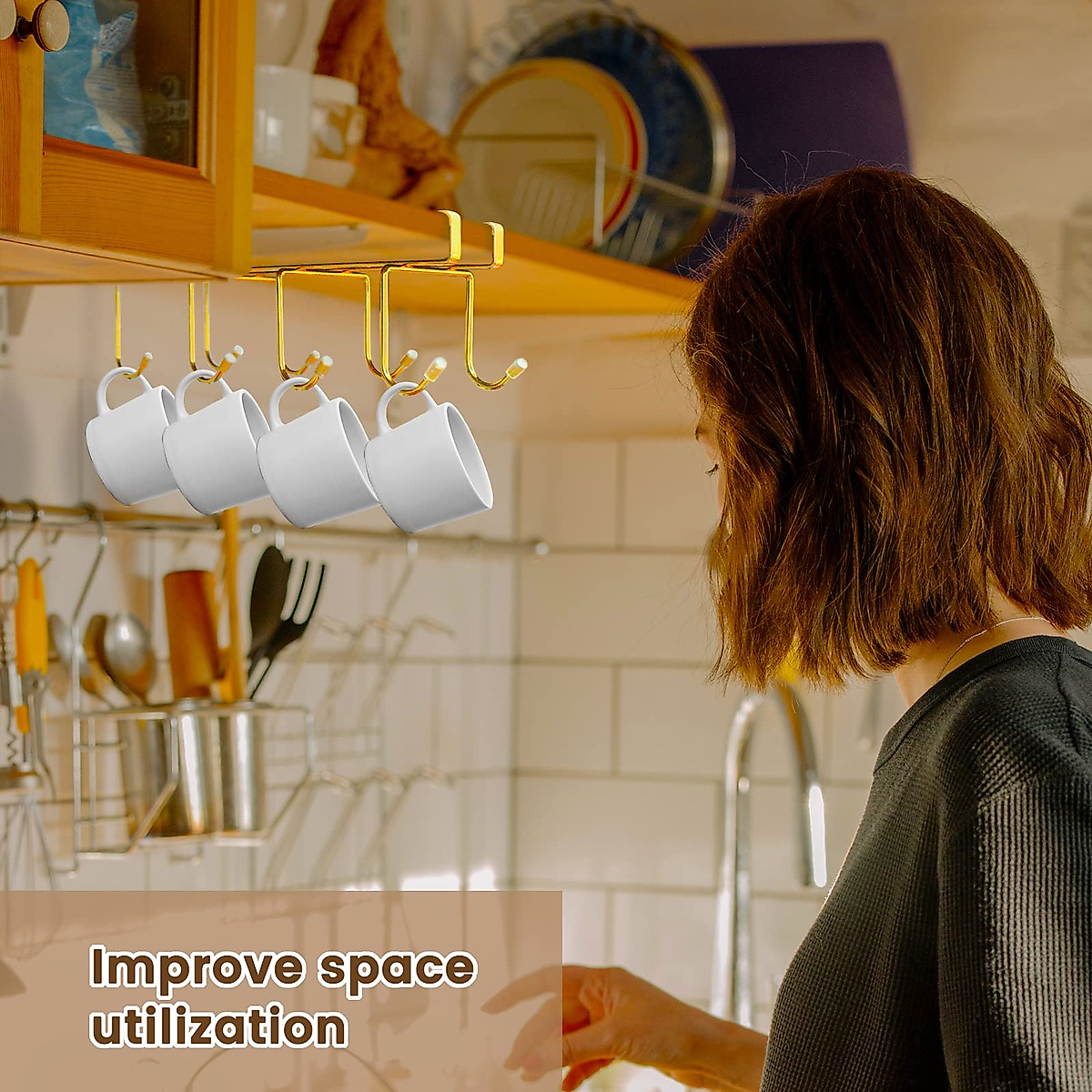 KALYLOC Coffee Mug Holder Under Shelf, Durable 8 Hooks Coffee Mug Hangers Under Cabinet, Champagne Cup Hanger Organizer for Kitchen Utensils Scarf Keys Storage