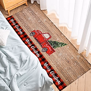 Runner Rugs And Mats 1 Pcs, Merry Christmas Red Truck with Xmas Tree Rustic Old Wooden Red Black Plaid Non Slid,Absorbent Kitchen Rug,Rubber Dots Backing Indoor Door Mat,Standing Mat 18x47.2 Inch