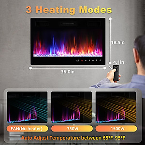 Electric Fireplace 36 Inch Insert Realsmart Recessed 750 1500 W High Screen Slim Wall Mountedle Fireplace Low Noise Overheat Protection Remote Control with Heater Timer Flame Color Sala Modernos (36“)