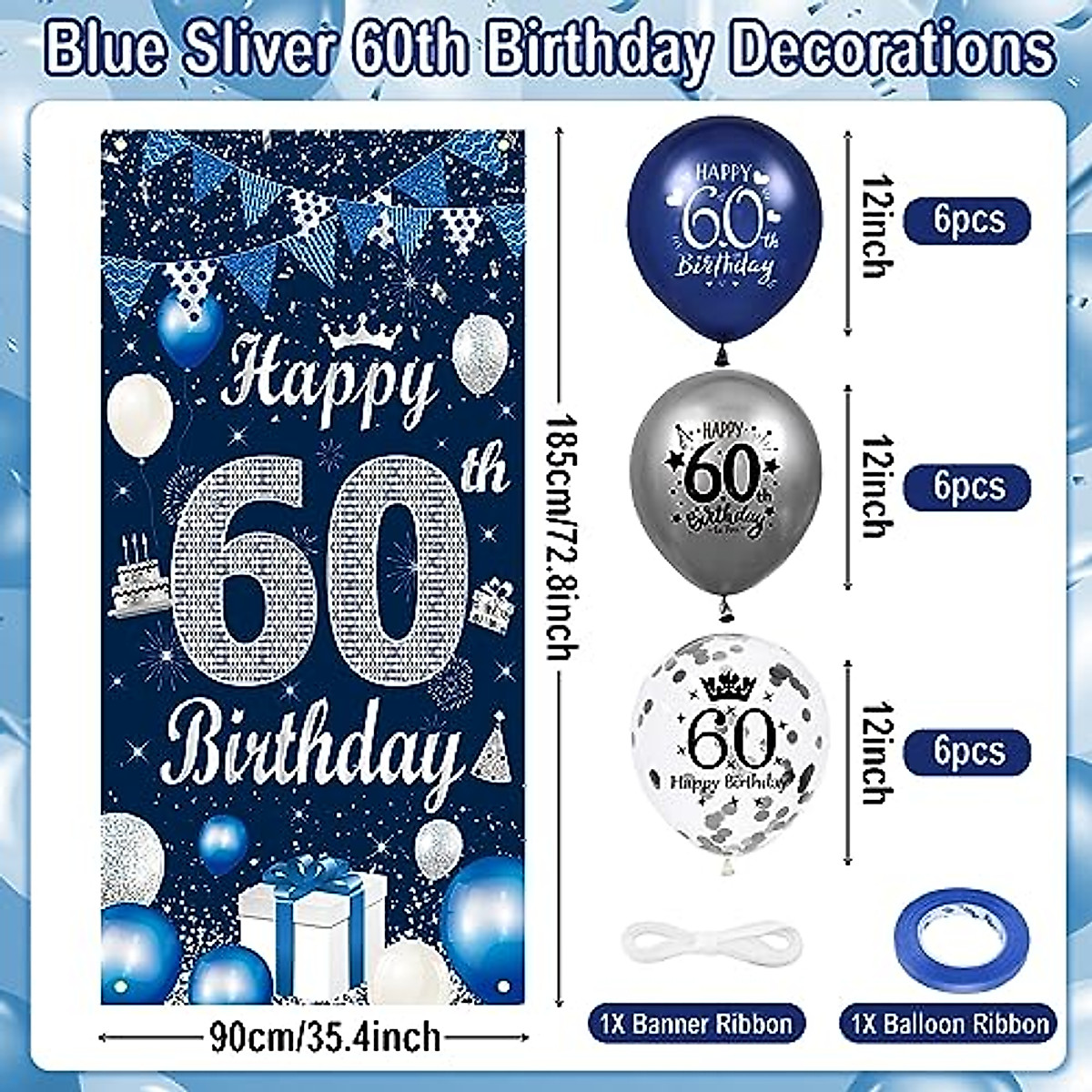60th Birthday Decorations for Men Navy Blue Silver Happy 60th Birthday Door Banner Cover and 18Pcs Blue Silver 60th Birthday Balloons for Men Women 60th Birthday Party Decorations
