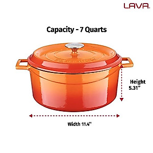 LAVA 7 Quarts Cast Iron Dutch Oven: Multipurpose Stylish Round Shape Dutch Oven Pot with Glossy Sand-Colored Three Layers of Enamel Coated Interior with Trendy Lid (Orange)